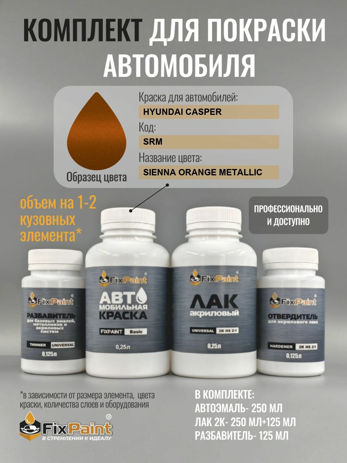 Комплект для покраски HYUNDAI CASPER, код SRM, SIENNA ORANGE METALLIC, базовая автомобильная краска 250 мл, лак 2K 250 мл с отвердителем, разбавитель 125 мл, FixPaint Pro