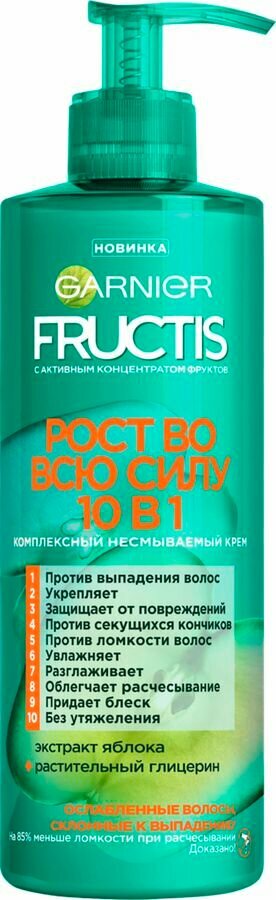 Крем для волос Garnier Fructis Рост во всю силу 10в1 комплексный несмываемый для ослабленных волос, 400мл