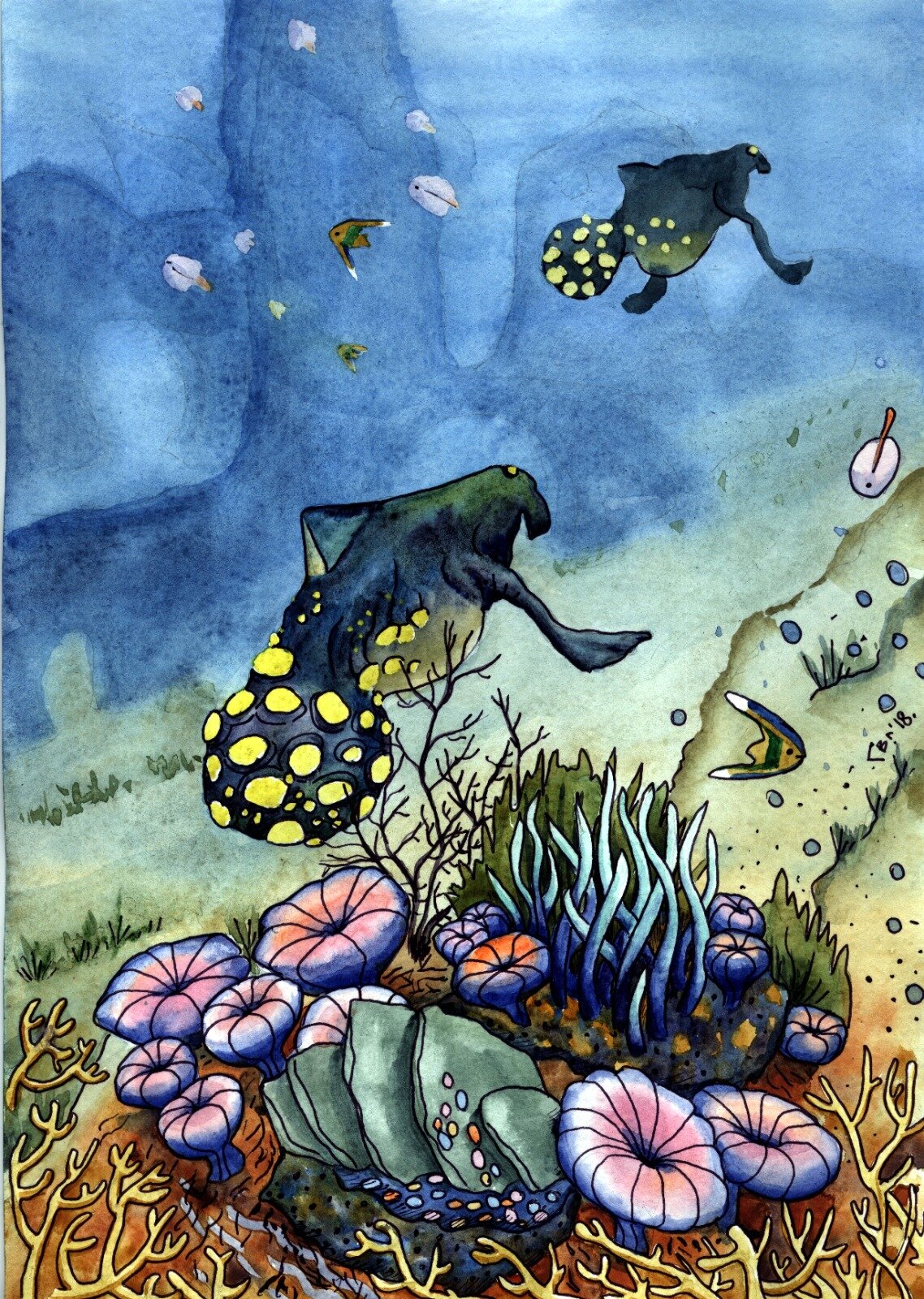 Картина "Фантастический подводный мир - Газобрюх", акварель, графика, ручная работа, 21х30 см