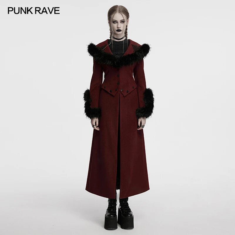 Женское бордовое пальто PUNK RAVE с мехом, размер S