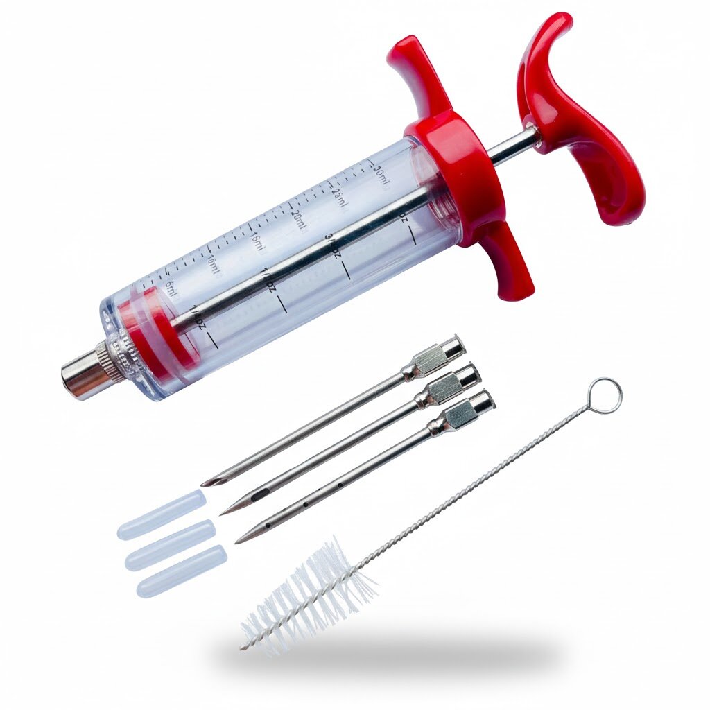 Набор пластиковых шприцов для мариновки мяса объемом 1 унция, для инъекции барбекю специй, кухонные инструменты для барбекю, красный прямой + пористый + одиночный отверстие + одна кисть, 1 нержавеющий стальной шприц для мяса, 3 иглы для инъекции, 1 кисть