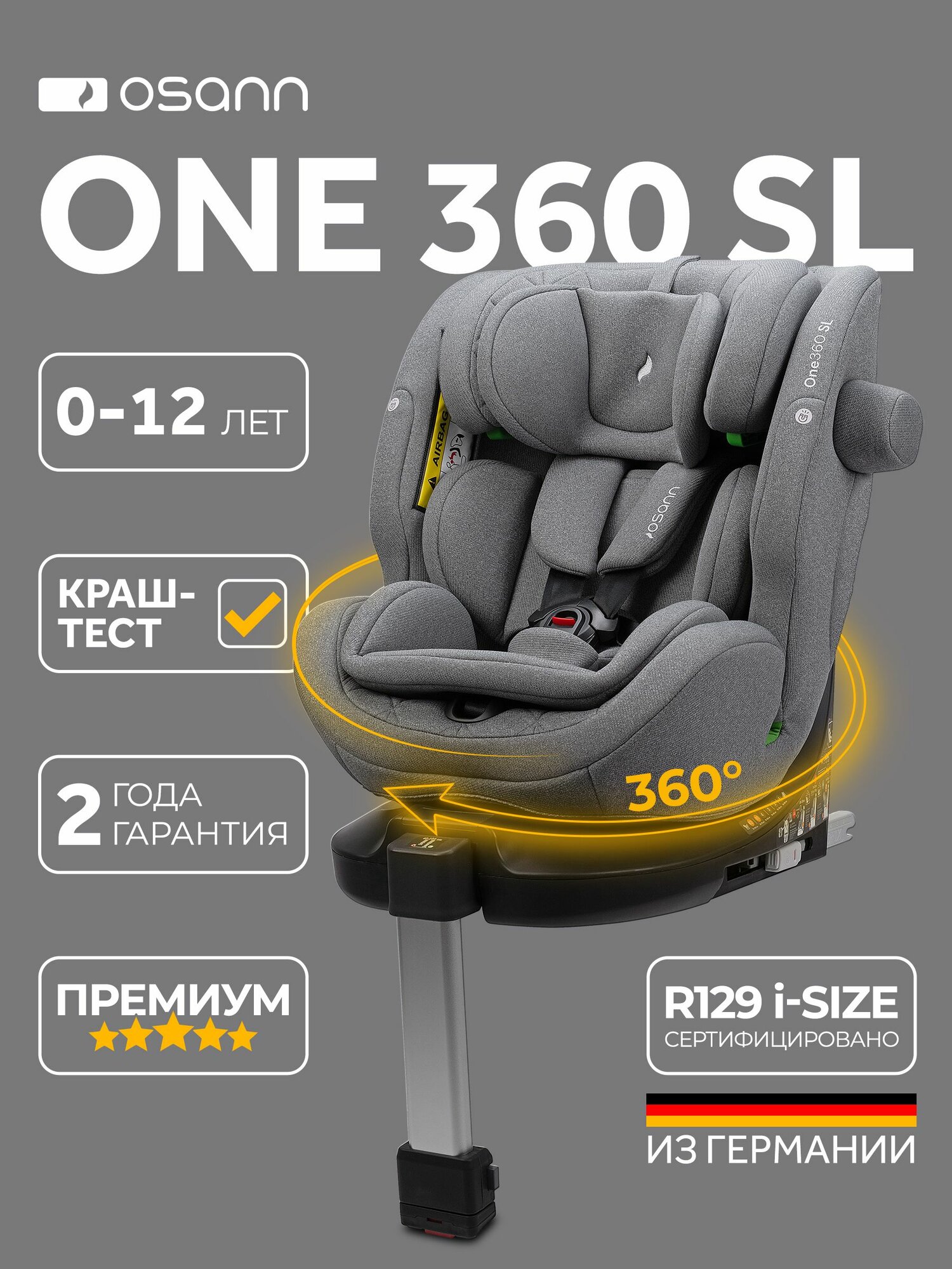 Автокресло детское Osann One360 SL Iron (стальной) для новорожденных и детей до 12 лет, от 40 до 150 см, 0-36 кг, c ISOFIX и опорной ногой