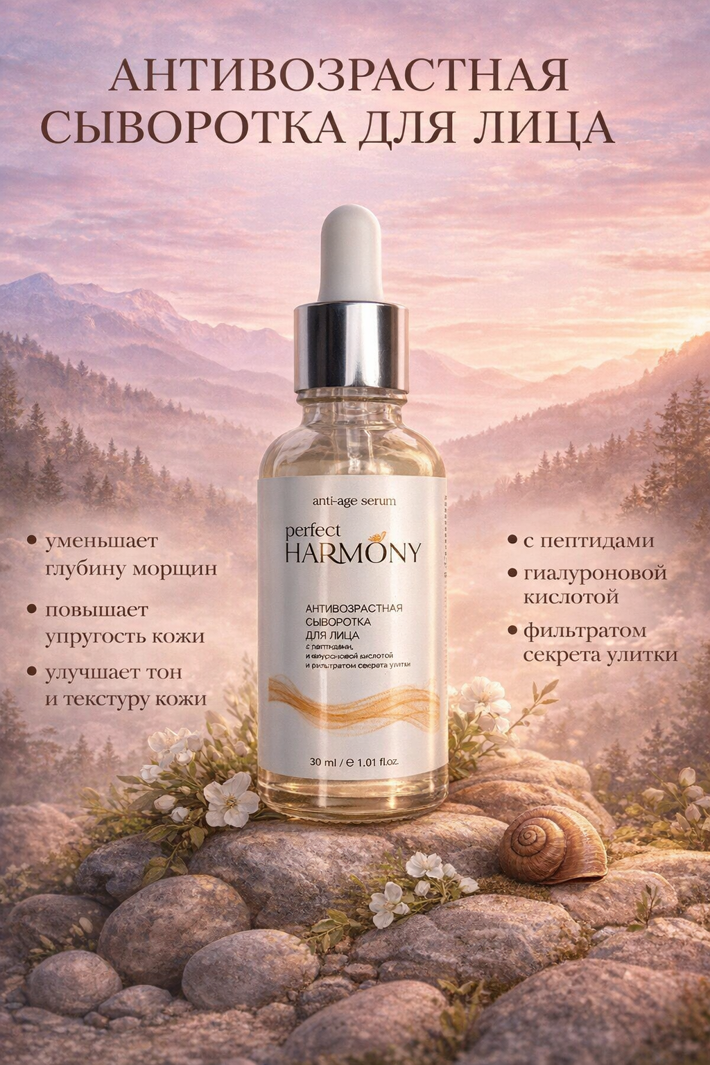Сыворотка для лица Perfect Harmony с антивозрастным эффектом - это профессиональный уход за кожей, созданный для женщин 30+, стремящихся сохранить молодость и сияние кожи.