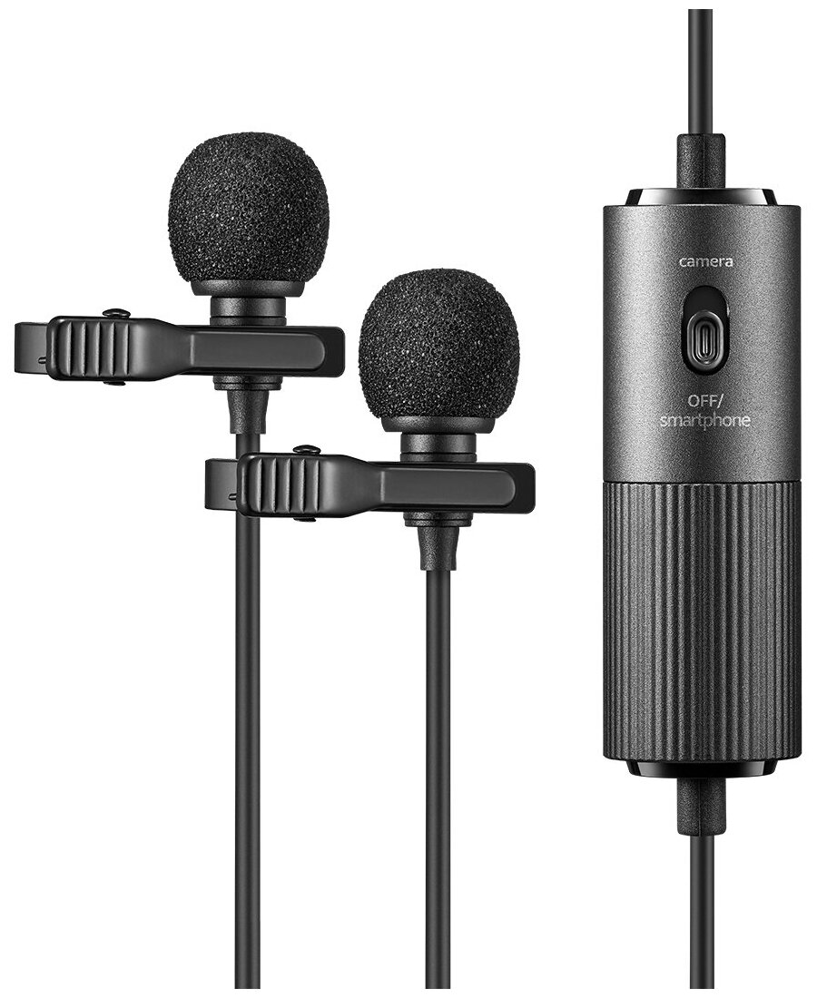 Микрофон петличный Godox LMD-40C двойной с кабелем 4 метра, разъемом 3,5 мм, ветрозащитой, миниатюрный, для камер, смартфонов и пр.