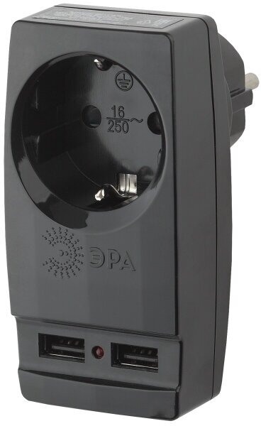 ЭРА Polynom 1-местный адаптер с/з, 2 USB порта, черный, для автомобиля, питание от 12В