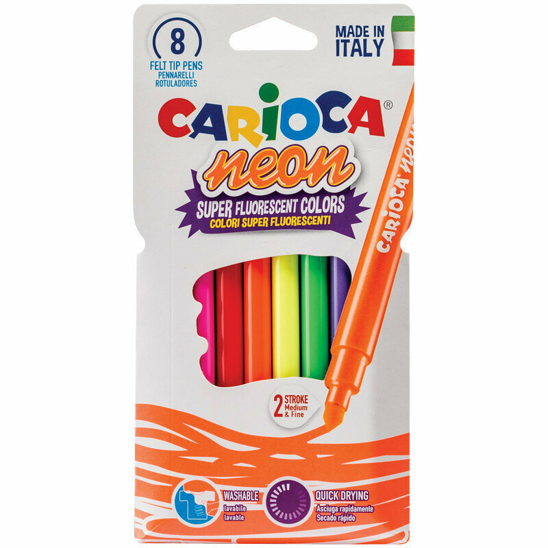 Фломастеры неоновые Carioca "Neon", 08цв, смываемые, картон, европодвес, 229556