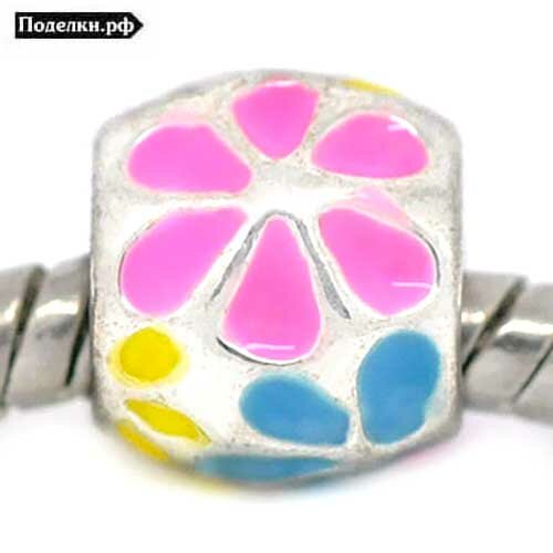 Металлическая бусина Цветочки 0007775 серебряный цвет с розовой и желтой эмалью 9x8 мм, цена за 1 шт.