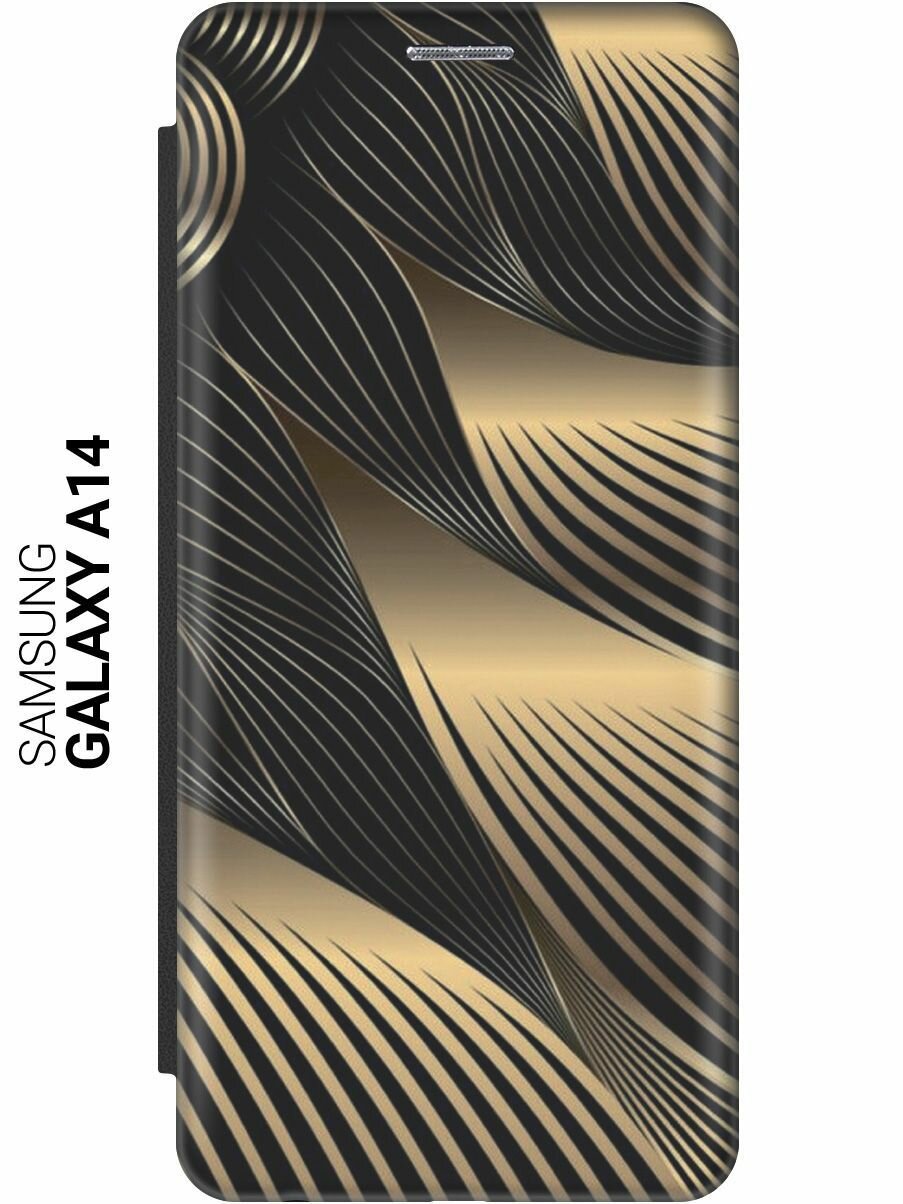 Чехол-книжка на Samsung Galaxy A14, Самсунг А14 c принтом "Золотистые изгибы" черный