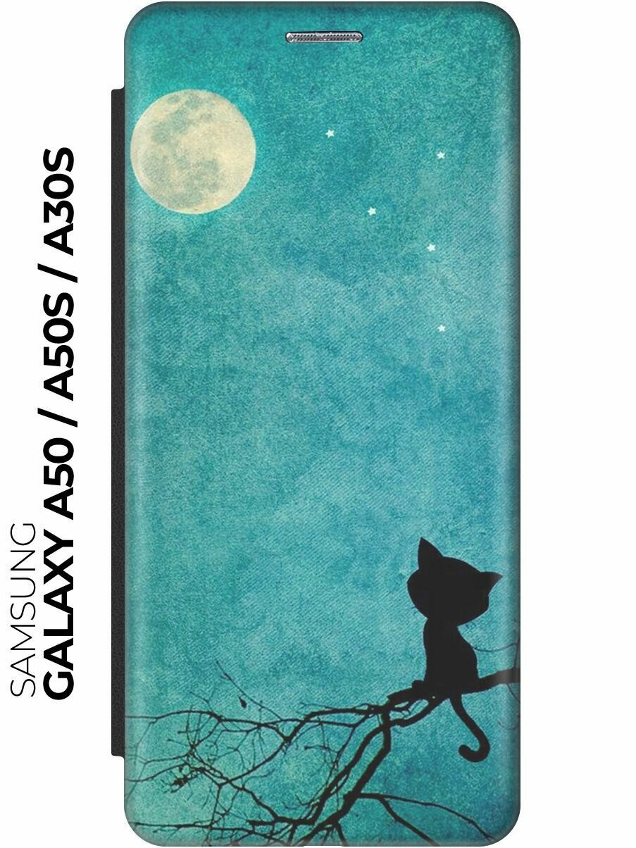 Чехол-книжка Котенок и луна на Samsung Galaxy A50 / A50s / A30s / Самсунг А50 / А30с / А50с черный