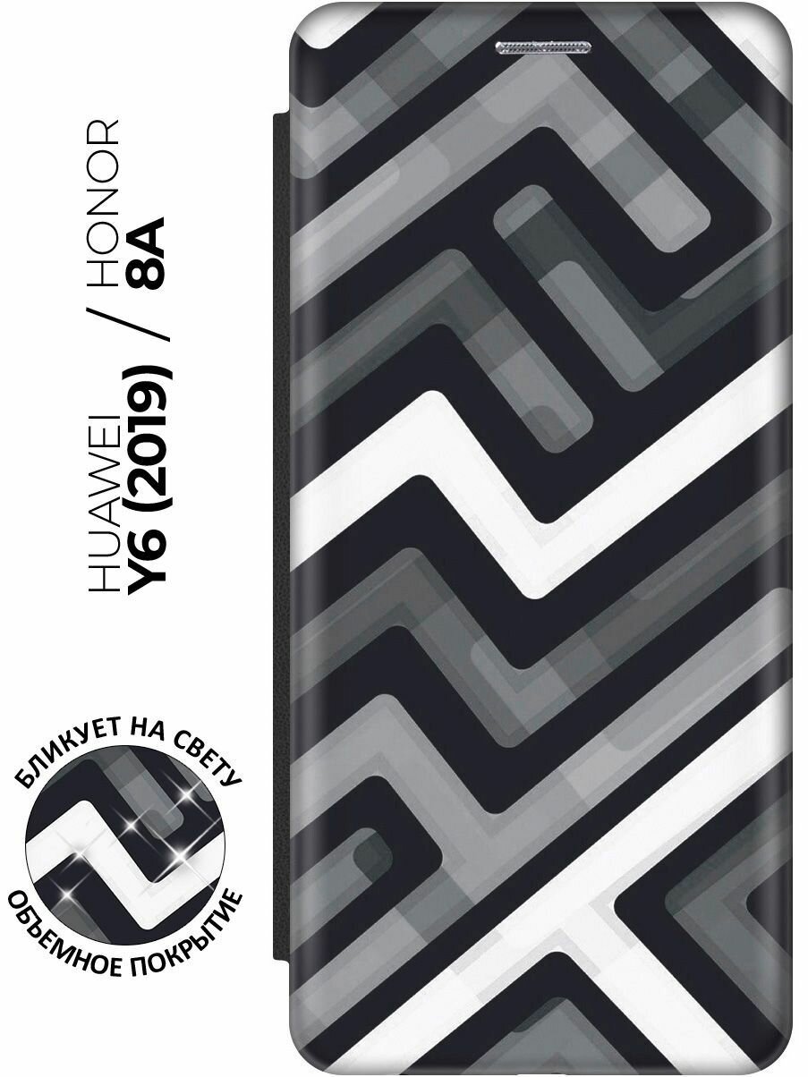 Чехол-книжка Черно-белые зигзаги на Honor 8A / 8A Pro / Huawei Y6 (2019) / Y6 Prime (2019) / Хуавей Хонор 8а / 8а Про с эффектом блика черный