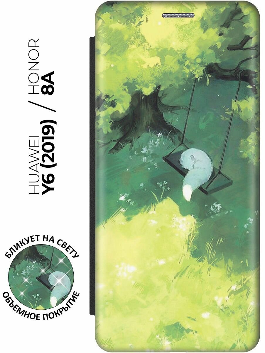 Чехол-книжка Песец на качелях на Honor 8A / 8A Pro / Huawei Y6 (2019) / Y6 Prime (2019) / Хуавей Хонор 8а / 8а Про с эффектом блика черный