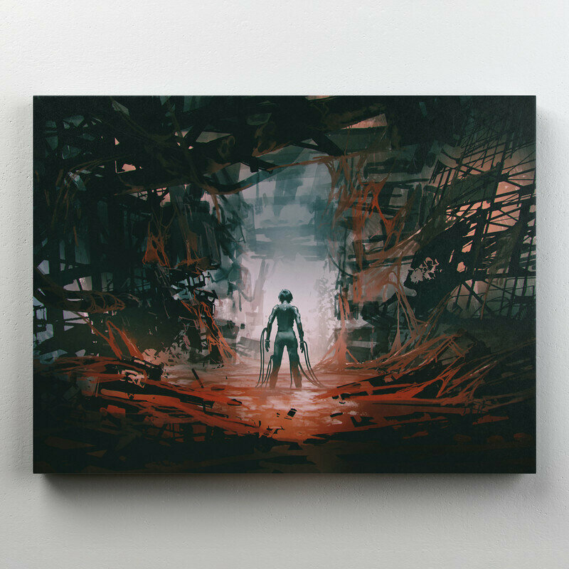 Интерьерная картина на холсте "Девушка в разрушенном здании подключенная к кабелям" размер 30x22 см