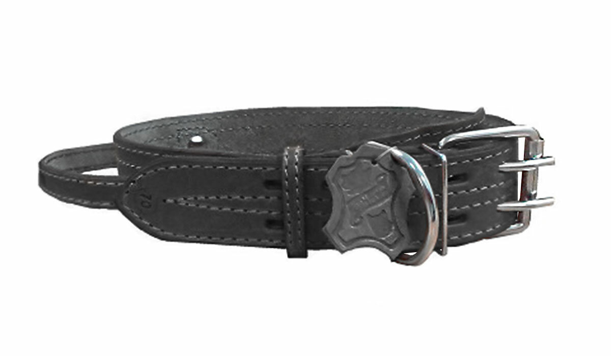 Ошейник для собак кожаный двойной строченый с ручкой, черный, шир. 45 мм, ZooMaster (60 см)