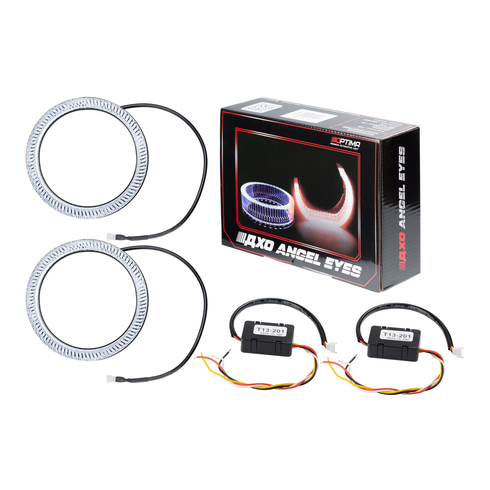 Ангельские глазки 3D с функцией ДХО/Поворотник Optima Light на линзу 3,0", форма круглая, диаметр 80/98 мм, цвет белый/жёлтый (2 шт.)