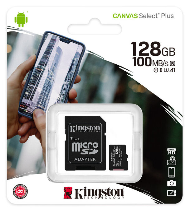 Флеш карта microSDHC 128Gb Class10 Kingston SDCS2/128GB Canvas Select Plus (с адаптером)