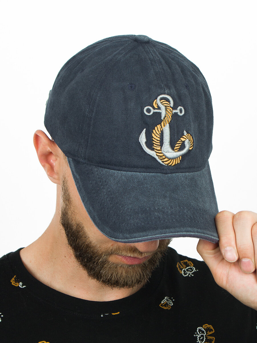 Бейсболка Капитанская бейсболка с якорем потертая джинсовая цвет деним для мужчин