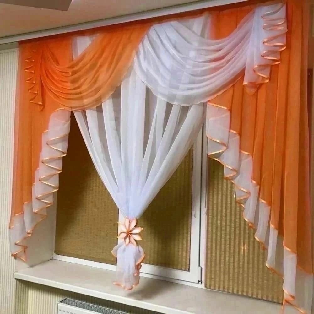 Кухонные шторы Ирис, вуаль, 280x175 см, крепление на ленте, оранжевые