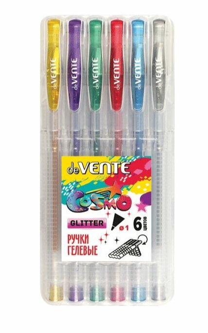 Ручки и стержни deVENTE Набор гелевых ручек deVENTE 6цв. "Cosmo Glitter" с блёстками, прозрачный корпус, 1мм