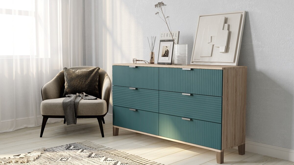 Комод МебельЛэнд24 Марвин Йорк - 7 Аквамарин 140x40x80 синий с 6 ящиками