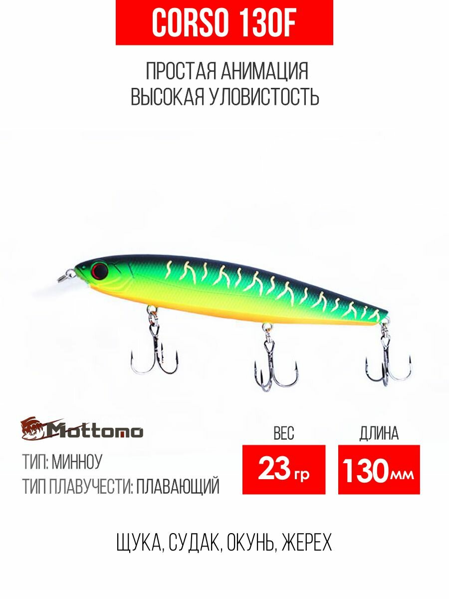 Воблер для рыбалки Mottomo Corso 130F 23g, минноу плавающий для спиннинга, твичинга. Приманка на щуку. Ghost Tiger