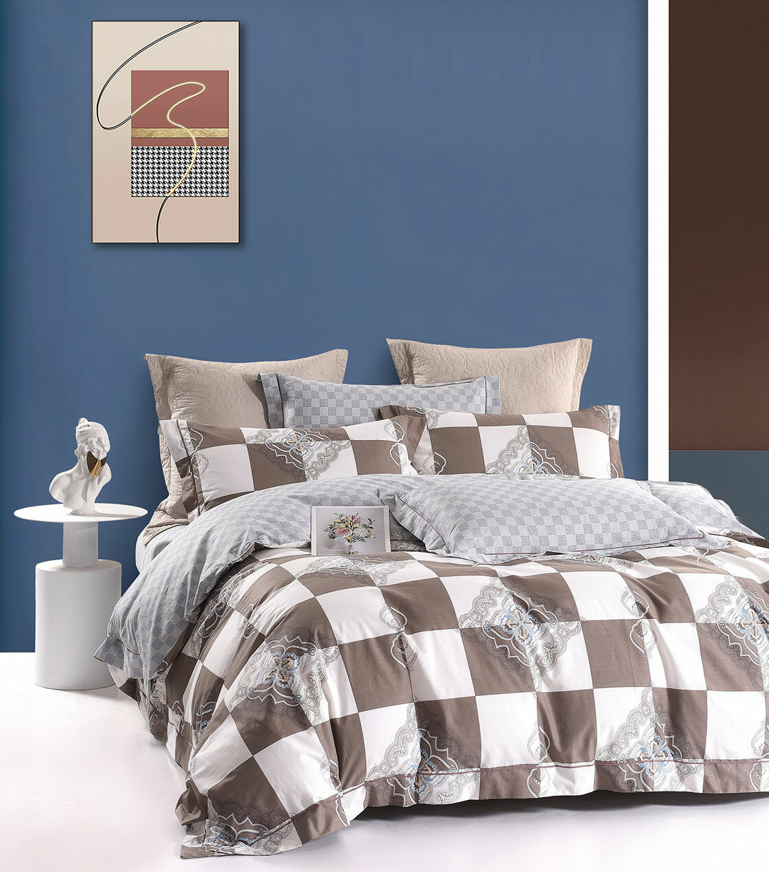 Постельное белье из сатина LS-127 Elin (коричневый-голубой), Семейный (наволочки 50х70 и 70х70)