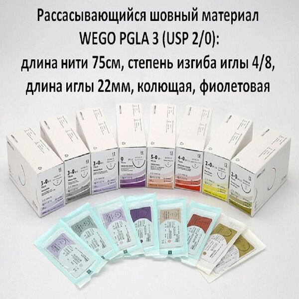 PGLA 2/0 шовный материал длина 75cм колющая игла (окружность 4/8 длина 22мм) рассасывающийся