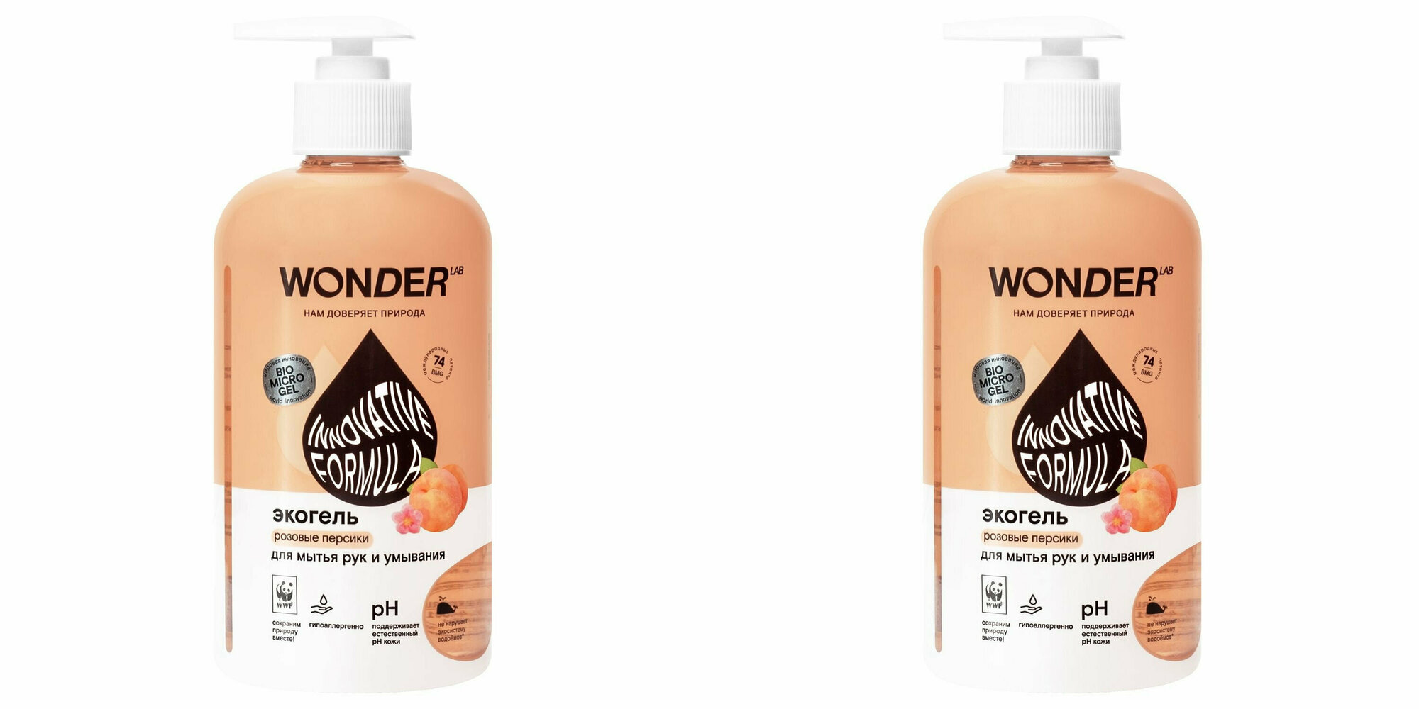 WONDER LAB Экогель для рук и умывания, розовые персики, 0,54 л, 2 шт/