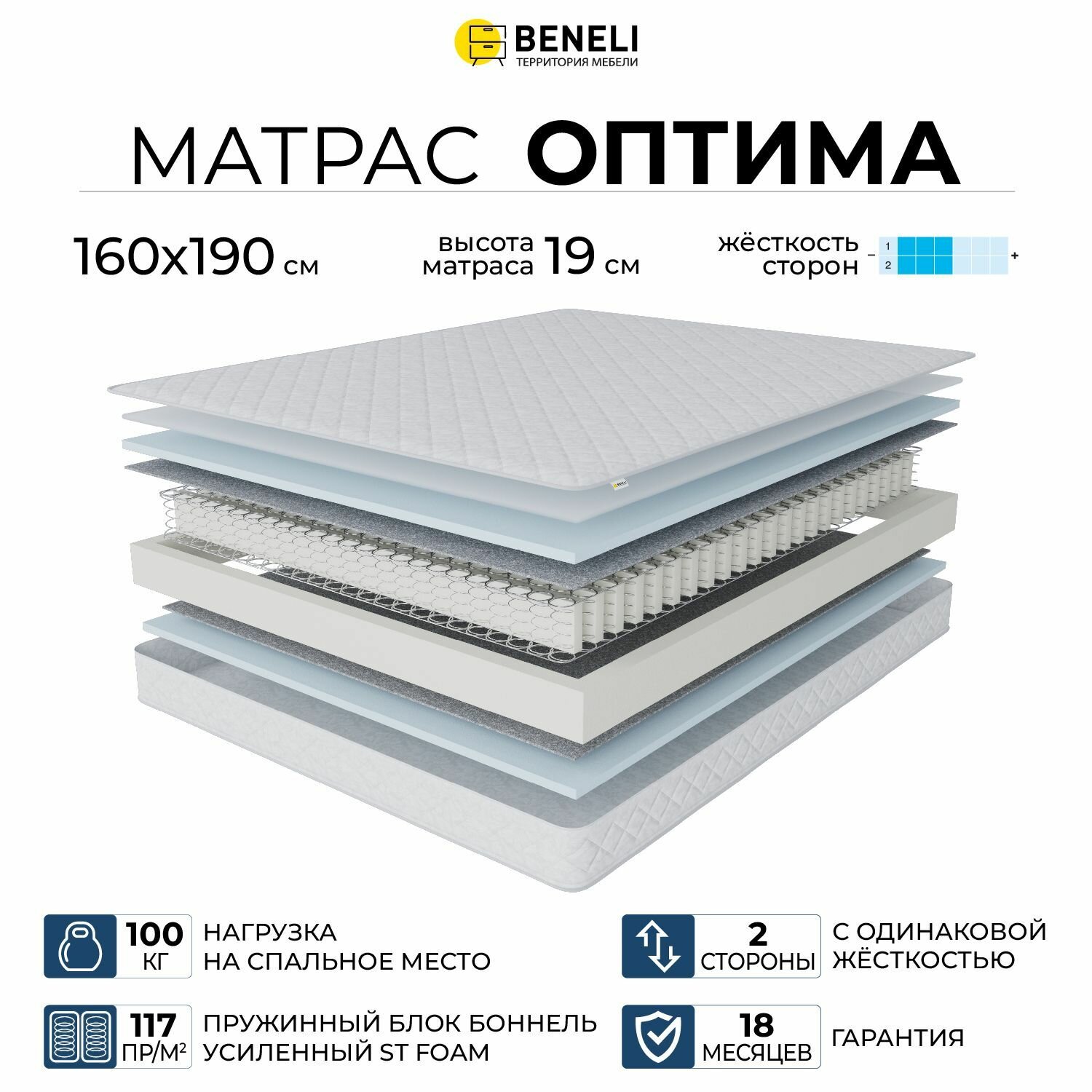 Ортопедический матрас Beneli Оптима, Зависимые пружины, гипоаллергенный, высота 19 см, 160х190 см, 1 шт.