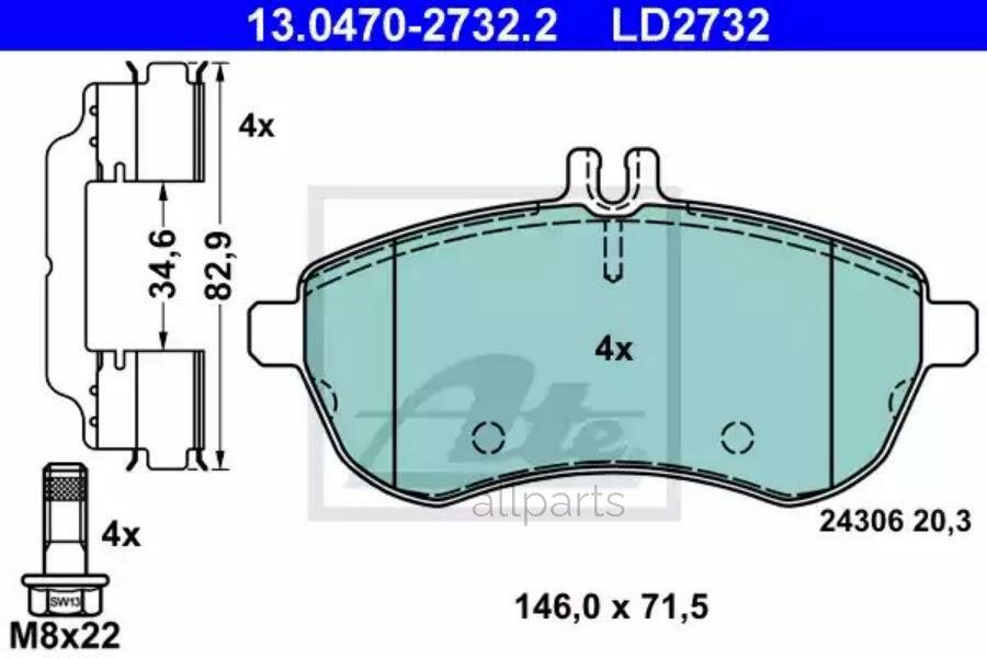 ATE 13.0470-2732.2 Колодки тормозные дисковые передн, CERAMIC, MERCEDES-BENZ: C-CLASS C 180 CDI/C 180 CGI/C 180 Kompressor/C 180 Kompressor/C 200 CDI/C 200 CDI/C 200 CGI/C 200 Kompressor/C 220 CDI