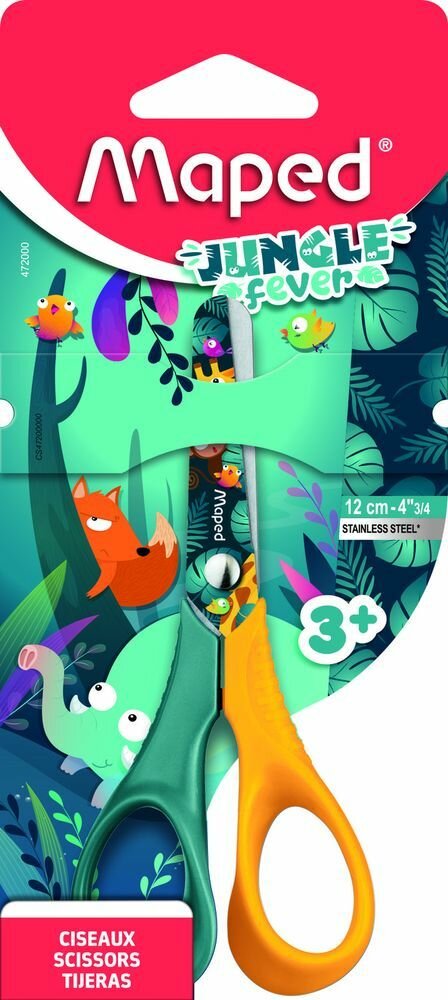 Ножницы 12 см с декорированными лезвиями, MAPED JUNGLE FEVER VIVO, с эргономичными 3D-кольцами специально для детской руки, симметричные, в картонной упаковке с подвесом