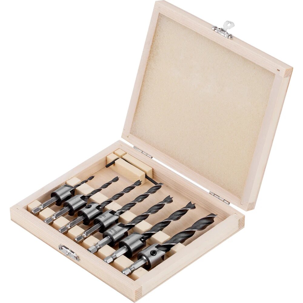 Набор сверл зенкеров по дереву 3-10 мм, 7 шт Denzel 704272, с гнездом под потайную шляпку