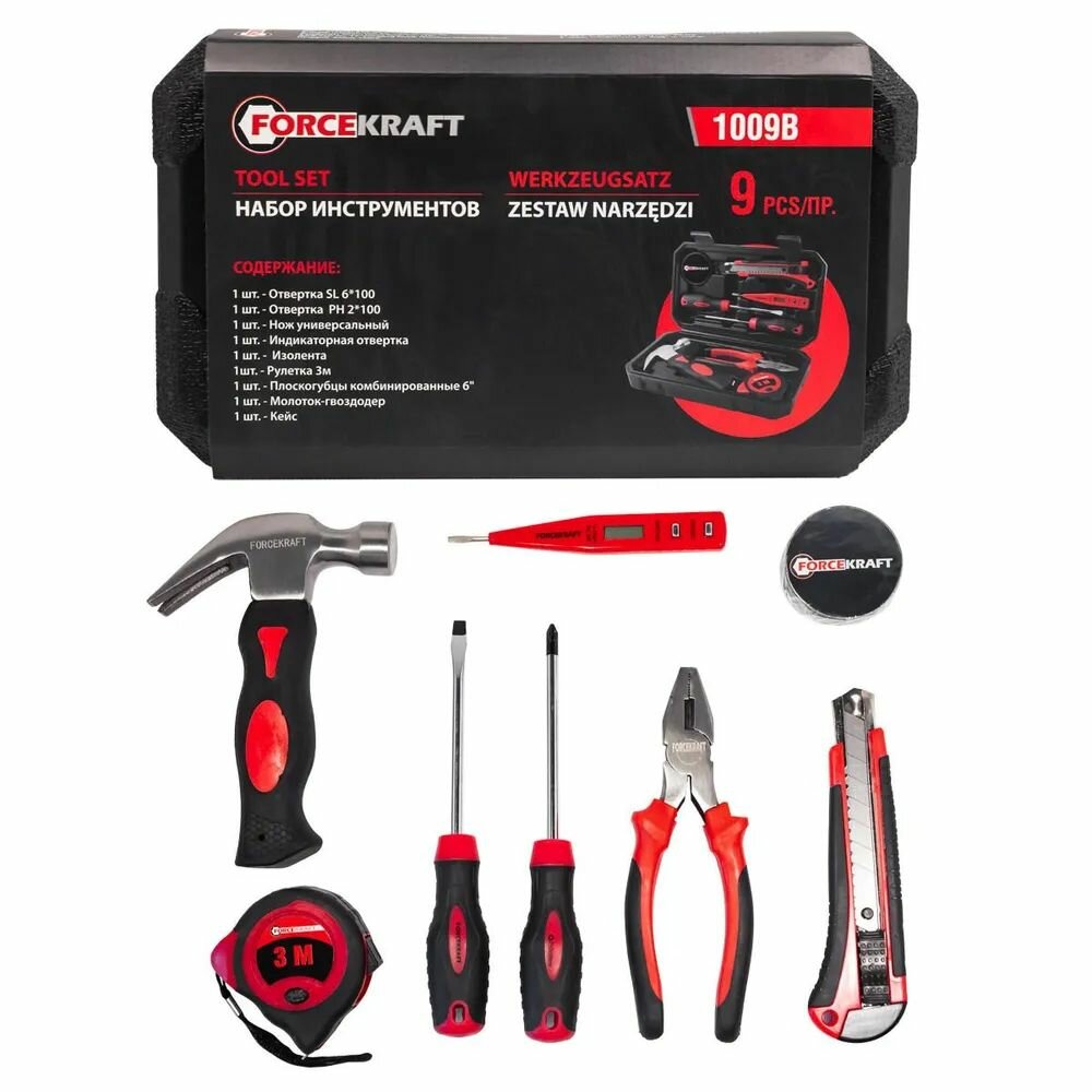 Набор инструмента FK-1009B 9пр.(отвертки: SL6мм, РН2, нож, индикатор.-я отвертка, изолента, рулетка 3м, плоскогубцы, молоток) FORCEKRAFT