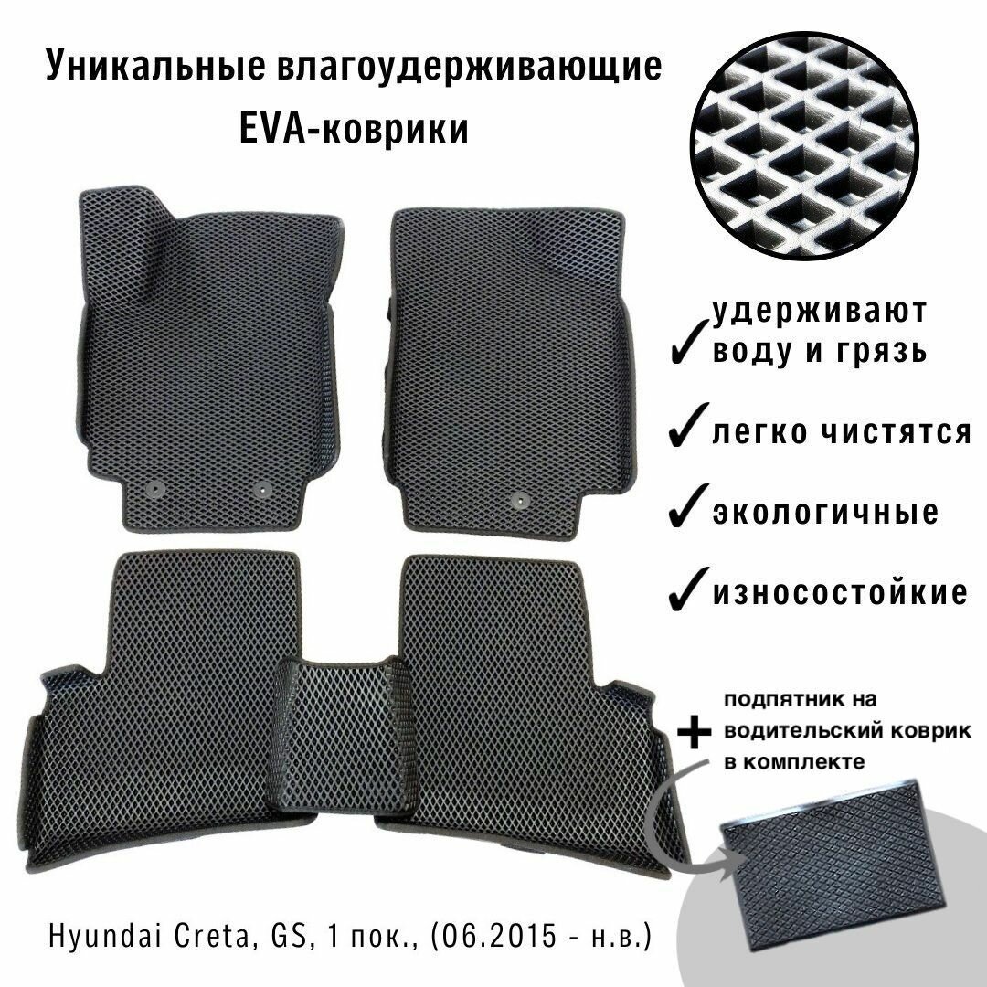 ЕВА коврики с бортами Хендай Крета в салон автомобиля Hyundai Creta, GS, 1 пок, (06.2015 - н. в.) (Черный ромб с черным кантом / черный / 4016910000 - Прочие покрытия напольные и коврики, из вулканизованной резины / Салон полностью / 5 / С бортом / В к.
