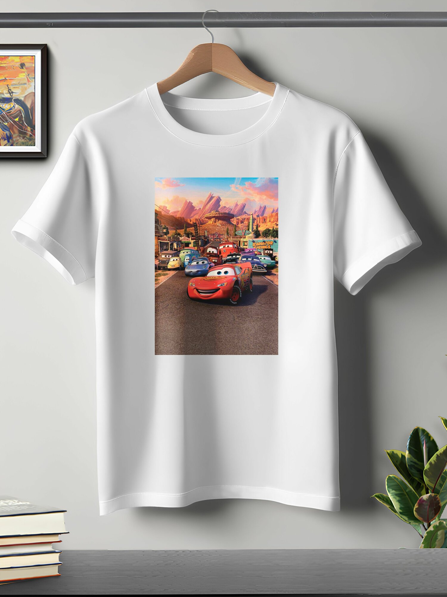 Футболка  Детская ONEQ 98 (3-4) размер с принтом Тачки, белая