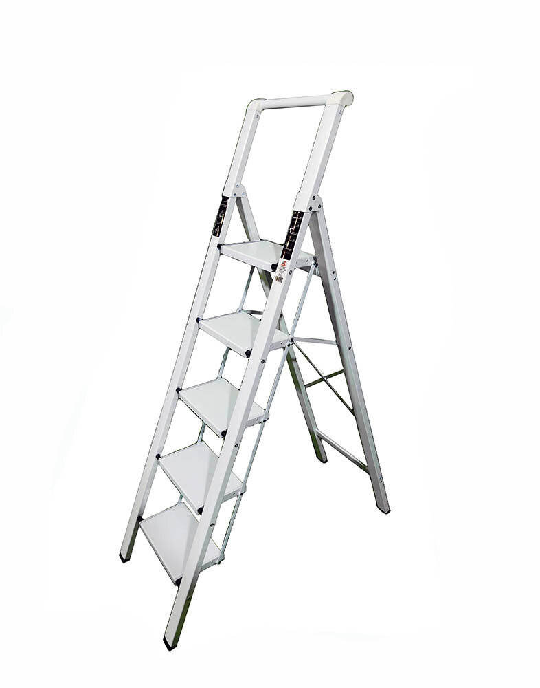 Стремянка Алюминиевая Calipso 5 Широких Ступеней Серебристая Рабочая Высота: 3.19 М, Нагрузка 150 Кг.