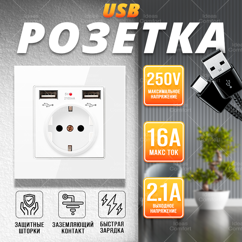Розетка с USB портами, с рамкой из закаленного стекла, белая