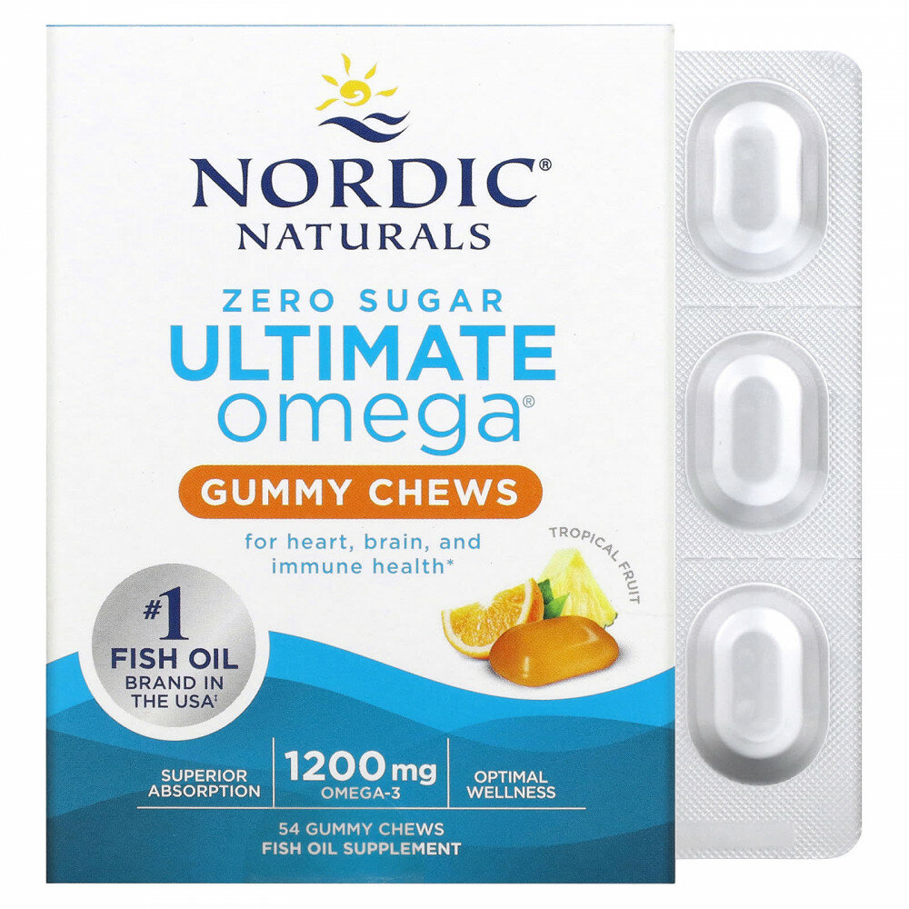Nordic Naturals, Жевательные жевательные таблетки Ultimate Omega®, тропические фрукты, 1200 мг, 54 жевательные жевательные таблетки (600 мг в каждой жевательной таблетке)