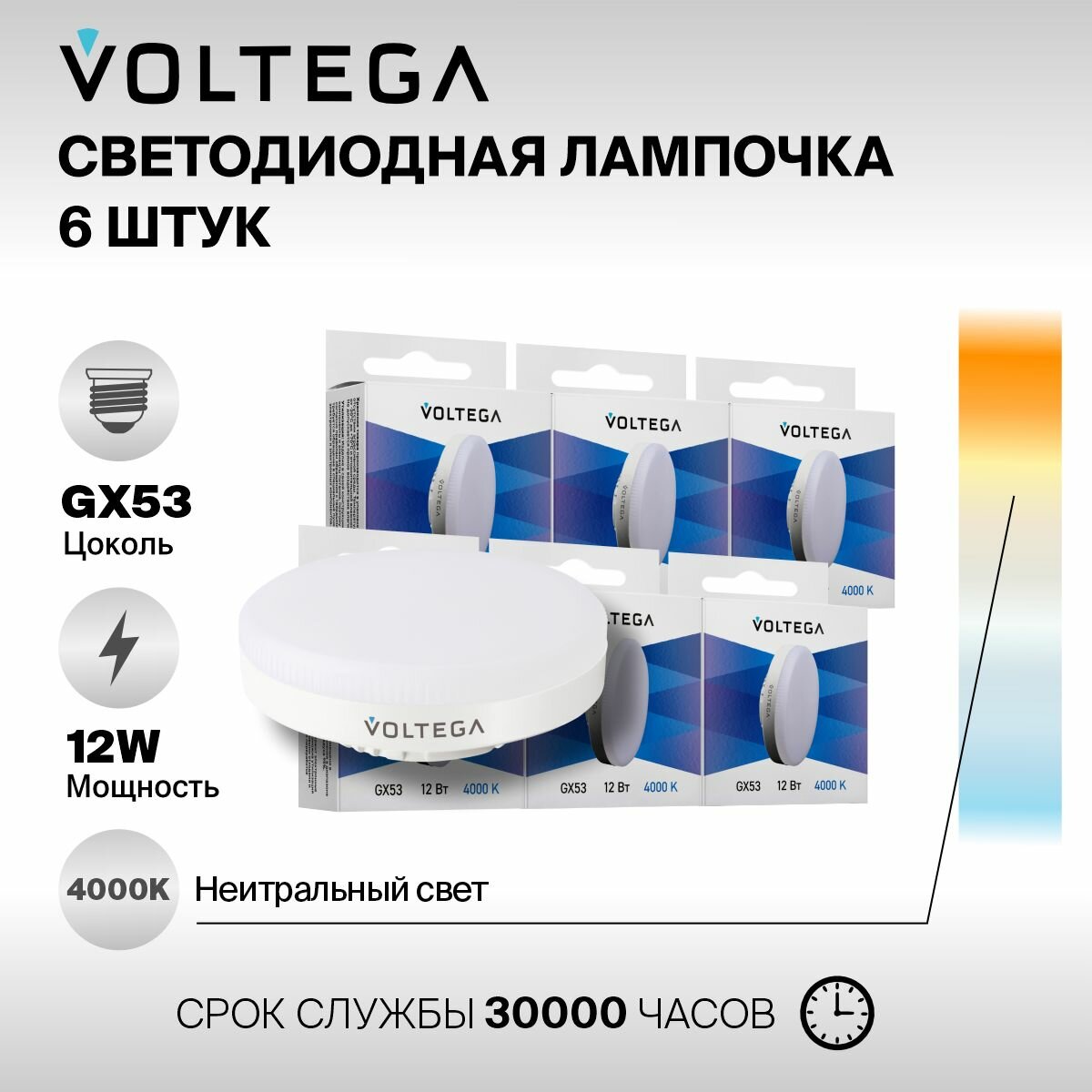 Лампочка светодиодная GX53 форма таблетка 12W нейтральный свет Voltega Simple 4000K упаковка 6 шт.