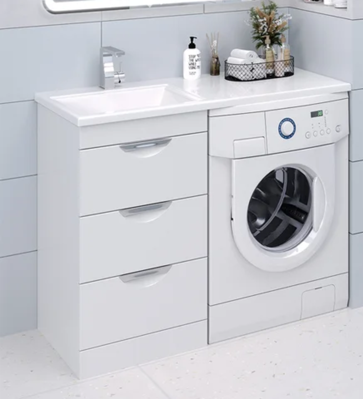 Тумба Emmy "Милли 1200" Левая напольная, белая, 3 ящика, с умывальником Аванти 1200 над стиральной машиной