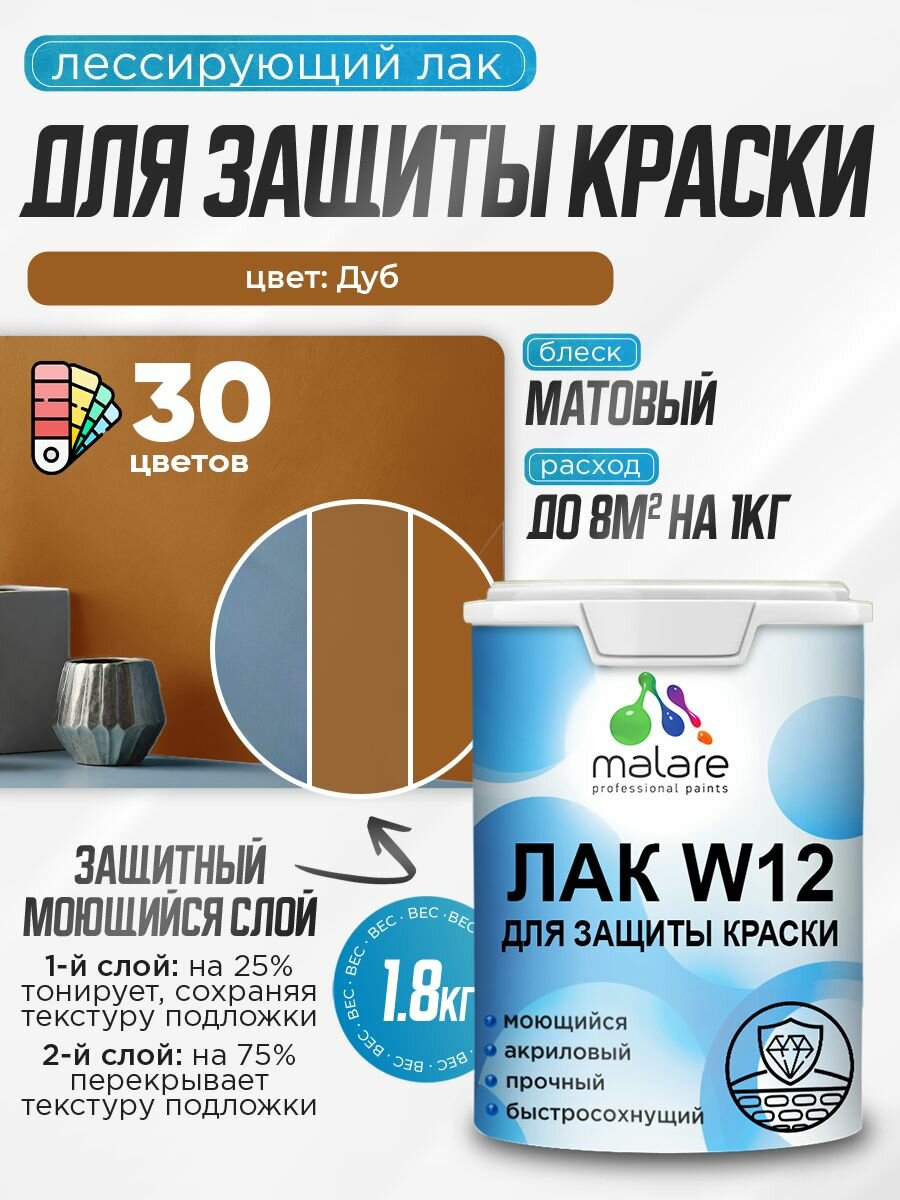 Лак колерованный тонирующий для защиты акриловых красок Malare W12 моющийся универсальный быстросохнущий экологичный, матовый, дуб, 1.8 кг.