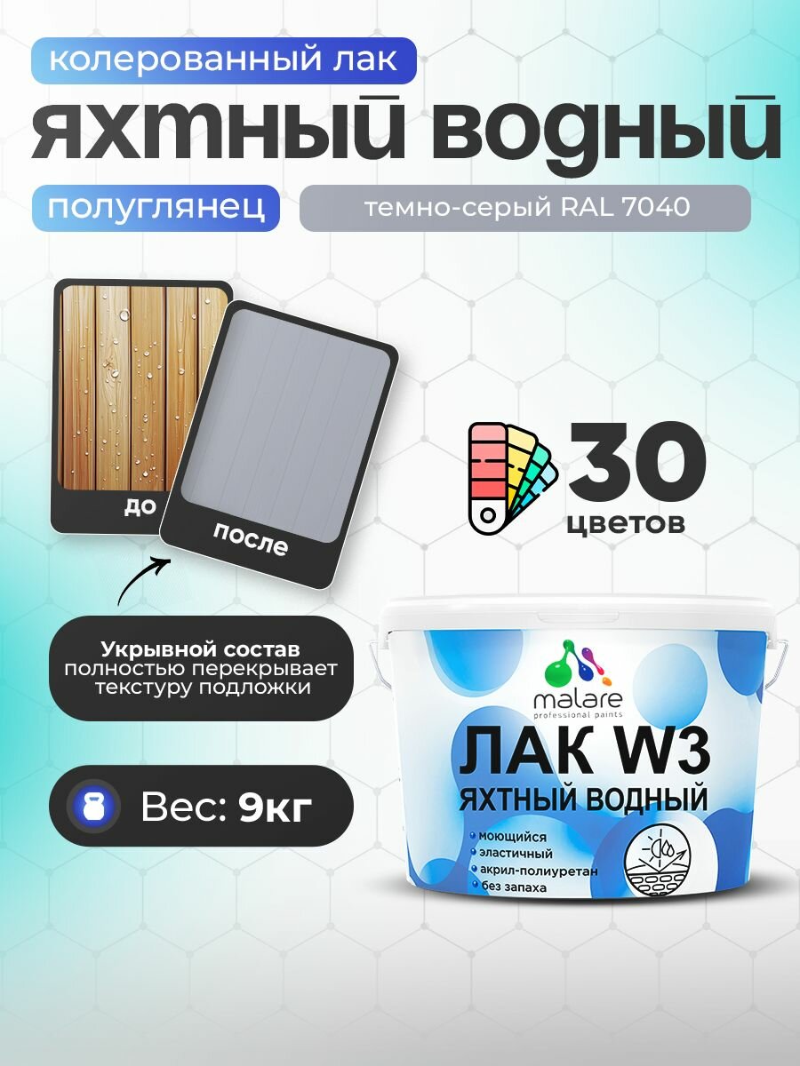 Лак колерованный укрывной яхтный Malare W3 для деревянных и минеральных поверхностей, водный без запаха быстросохнущий, полуглянцевый RAL 7040 темно-серый, 9 кг.