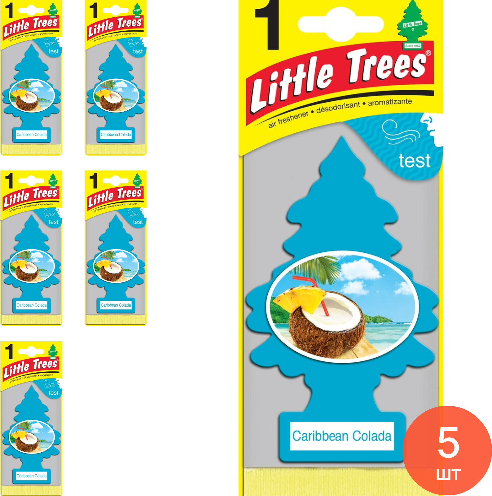 Ароматизатор автомобильный Little Trees / Литтл Трис Ёлочка Caribbean Colada подвесной, карибский коктейль / автотовары (комплект из 5 шт)