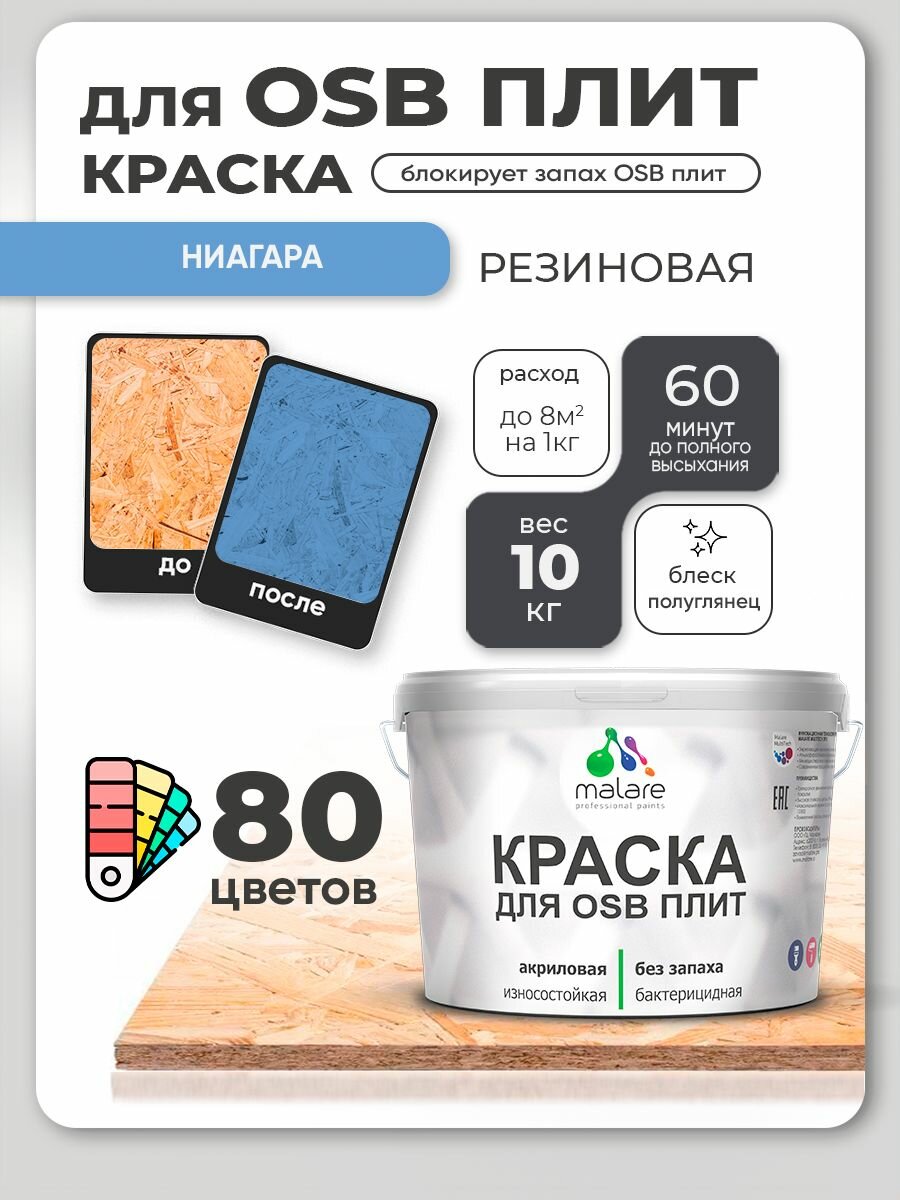 Резиновая краска для ОСБ плит Malare акриловая краска для дерева для наружных и внутренних работ, быстросохнущая без запаха полуглянцевая, ниагара, 10 кг