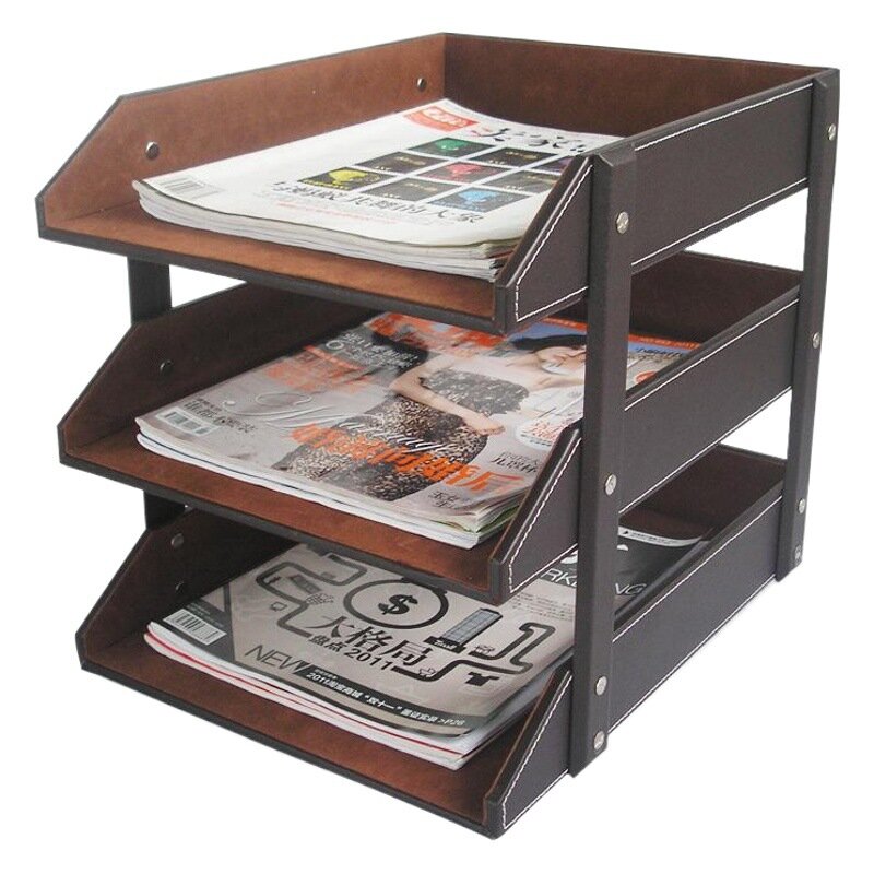 Стеллаж Golden Maple "Кожаный", для файлов, кофейный, 3 слоя, натуральная кожа, 35 см x 27,5 см x 30,5 см