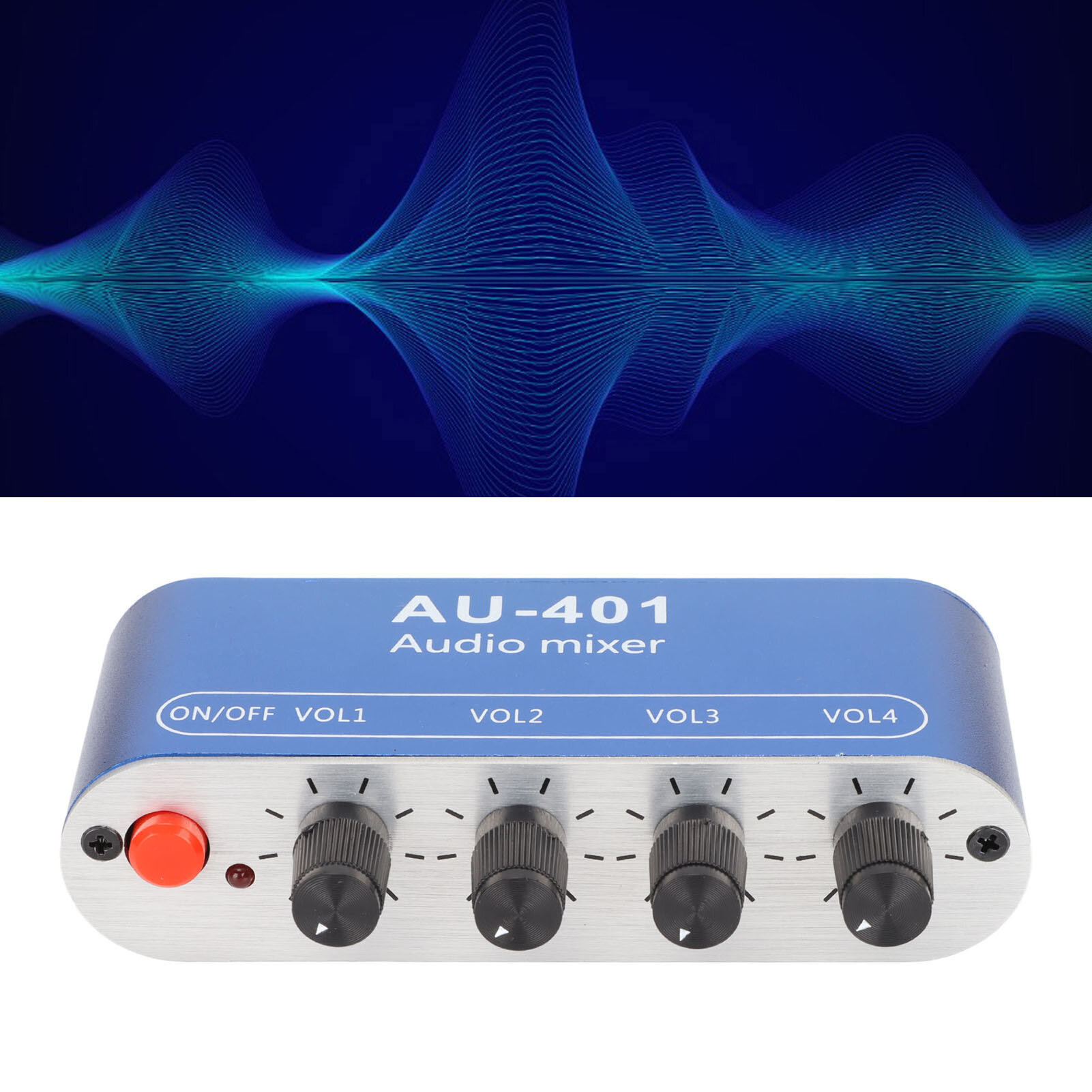 Мини-стереомикшер 4 входа 1 выход, регулировка громкости, 3.5 мм, селектор звука, усилитель для ПК, ноутбука, наушников, цвет синий, материал алюминиевый сплав, 1 шт.