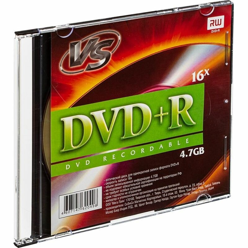 Компакт диск VS DVD+R, скорость записи 16x, 4,7 гб, 1 шт (VSDVDPRSL501)