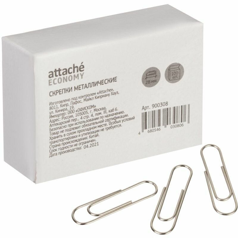 Скрепки Attache 28 мм, никелированные, 100 штук, Economy (900308)