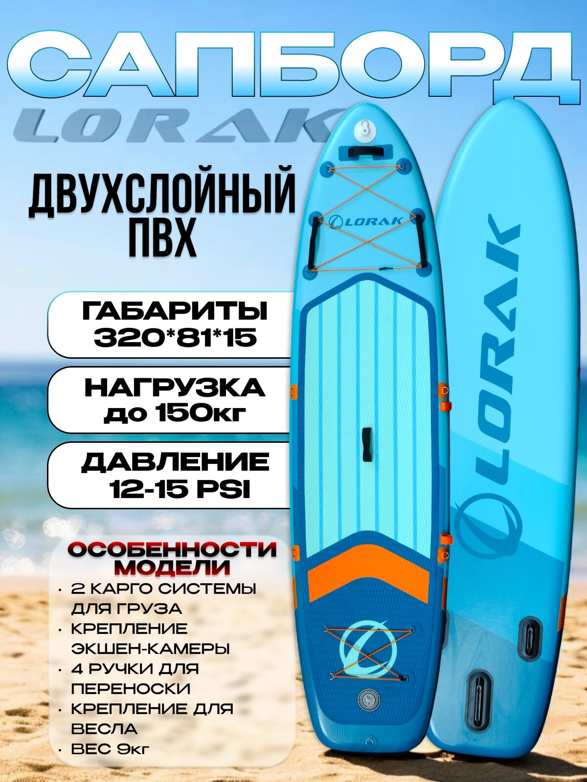 Сапборд Lorak 909, бирюзово-оранжевый, с рюкзаком, 320x81x15 см