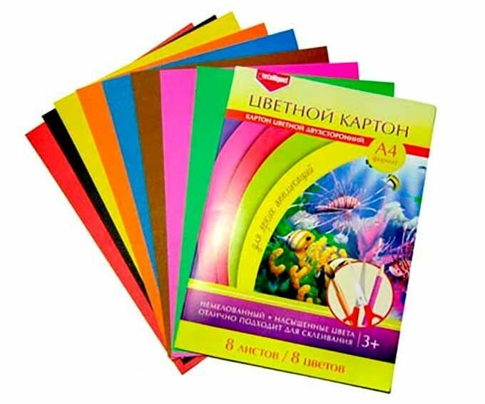 Цветной картон INTELLIGENT двухсторонний мелованный, А4, 8 листов, 8 оттенков, в папке (BL-31)