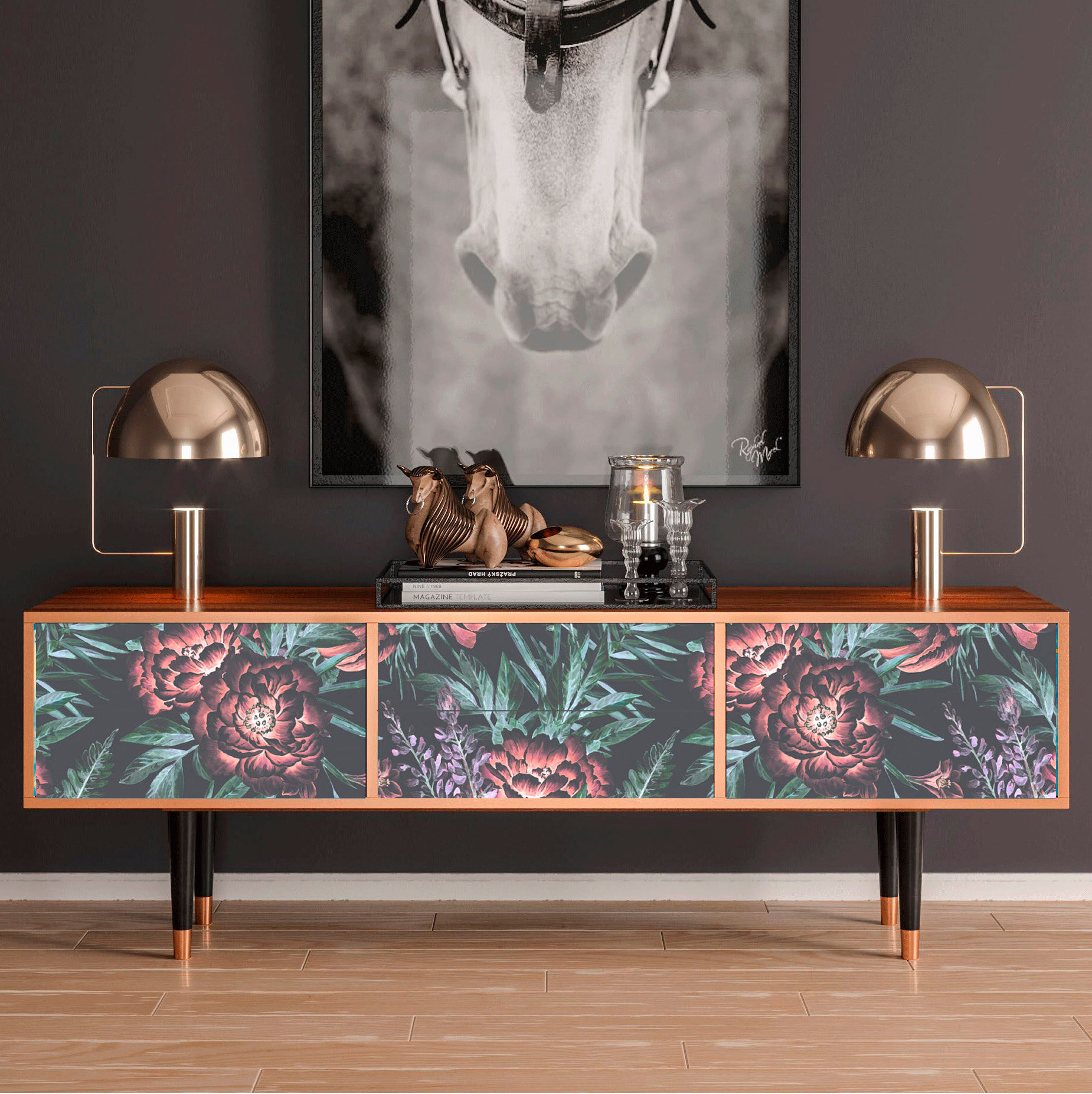 ТВ-Тумба - STORYZ - T4 Dark Peonies, Размер - 170 x 59 x 48 см, Цвет корпуса - , Орех